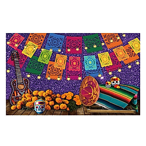 Allenjoy Mexican Fiesta Theme Backdrop for Photography Purple Day of The Dead Party Background Cinco de Mayo Colorful Flags Holiday Wall Banner Decor Baby Shower Decoration Photo Booth Props