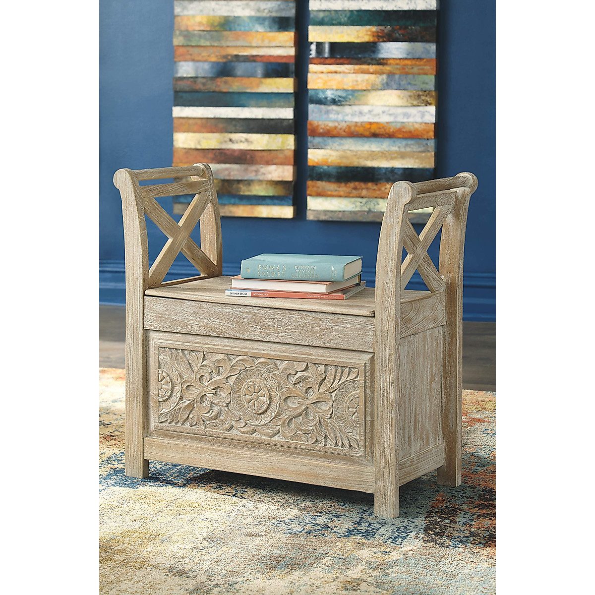 Signature Design by Ashley Fossil Ridge Boho Storage Accent Bench, Vintage White