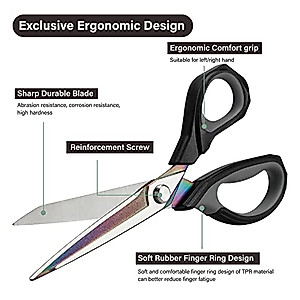 QMVESS Premium Fabric Scissors 9.5 Inch Heavy Duty Scissors All Purpose Titanium Coating Forged Stainless Steel Sewing Scissors, Ergonomic Comfort Grip Shears, for Fabric Leather Carpet (Blue Black)