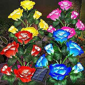 New Upgraded 4-Pack 24 Roses Solar Garden Lights Outdoor Decor, Waterproof Outside Yard Decor Stake Lights, Solar Rose Flower Garden Stake Lights for Garden Yard Christmas Cemetery Grave Decorations