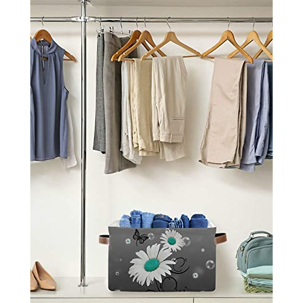 Teal White Daisy Storage Bins 2 Pack, Large Waterproof Storage Baskets for Shelves Closet, Rustic Bubble Abstract Art Gray Storage Basket Foldable Storage Box Cube Storage Organizer with Handles