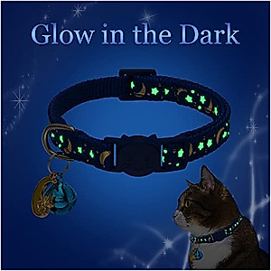 KOOLTAIL Cat Collar Breakaway with Bells - 6 Pack Glow in The Dark - Stars & Moon Charm Pendent Pet Reflective Collars Ideal for Kitten Cats Puppy