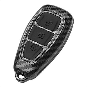 TANGSEN Key Fob Case Compatible with Ford C-MAX Escape Fiesta Focus RS Fusion 3 Button Keyless Entry Remote Carbon Fiber Pattern ABS Black Silicone Cover