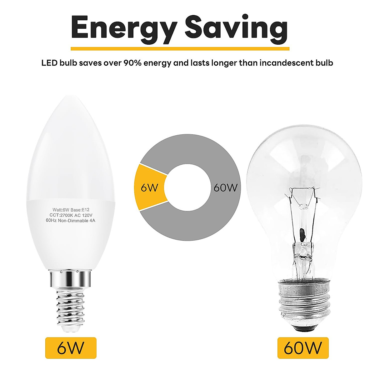 HengBo LED E12 LED Candelabra Bulbs, 60W Equivalent E12 Light Bulbs, C37 Candle Base Chandelier Light Bulbs, Non-Dimmable, Warm White 2700K, Pack of 6