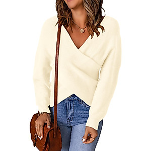 KIRUNDO 2024 Fall Winter Women's Long Sleeve Cross Wrap V Neck Knit Sweater Off Shoulder Backless Casual Pullover Tops(Apricot, Small)