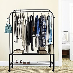 befacai Clothing Garment Rack with Shelves, Upgraded Length Cloth Hanger Rack Stand on Wheels, Clothes Drying Rack with Two Rod
