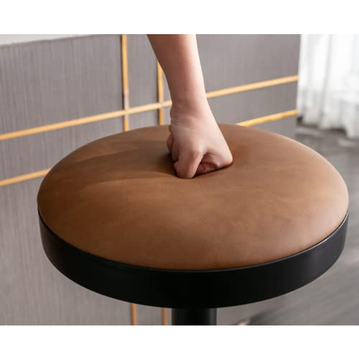 EALSON Modern Swivel Bar Stools Set of 2 Adjustable Counter Height Backless Barstools with Metal Base Leather Upholstered Round Bar Stool Chairs for Kitchen Island/Pub/Breakfast Bar, Brown