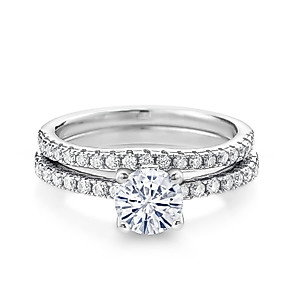 Gem Stone King 925 Sterling Silver Customized and Personalized Round Gemstone Birthstone and White Moissanite Wedding Engagement Ring Band Bridal Set For Women (Size 7)