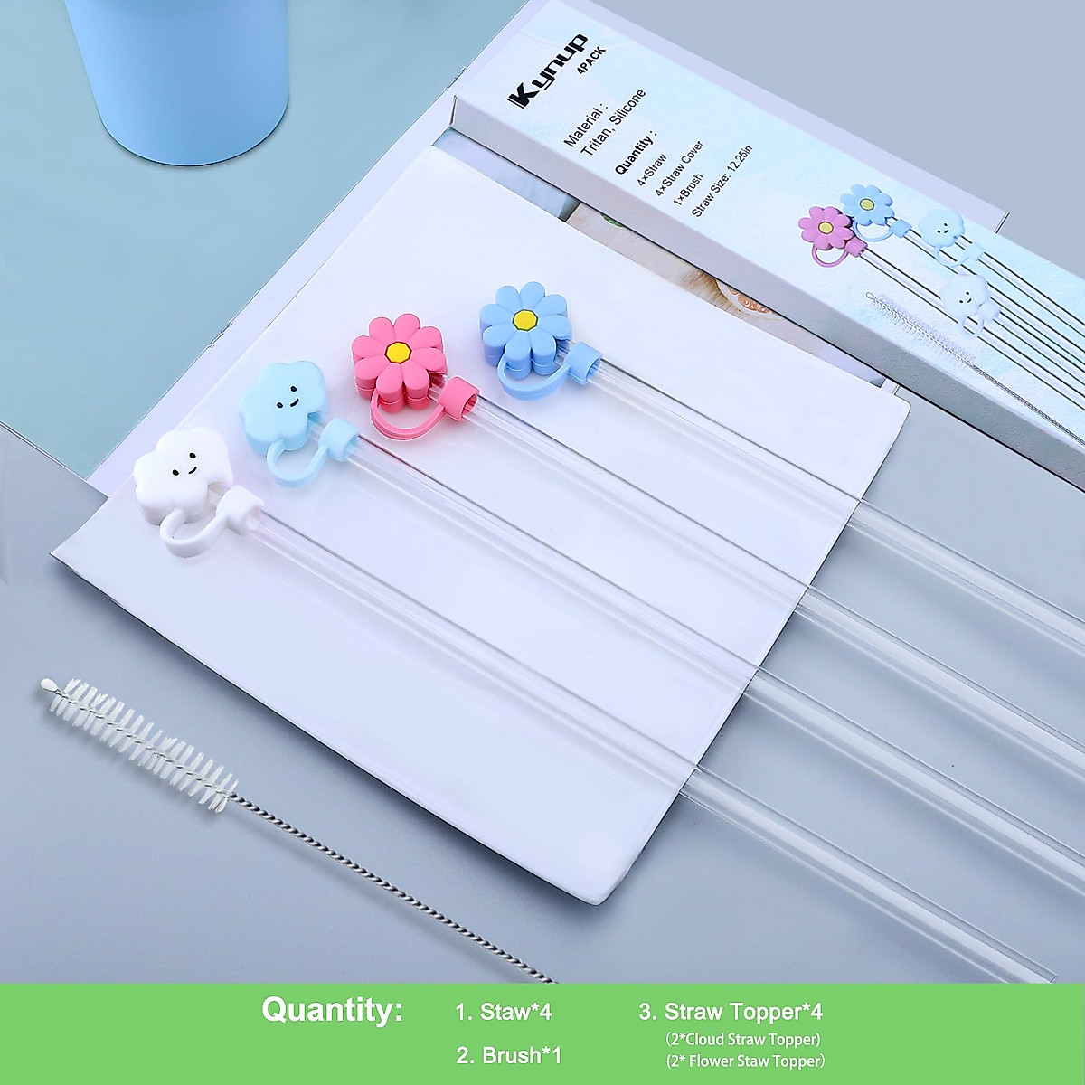 Kynup Straw(4Pack), Straw Topper Cover(4Pack) for Stanely 40 oz Tumbler, Reusable Straw Tritan Material, Straw Cover Cap Silicone Material with Cleaning Brush