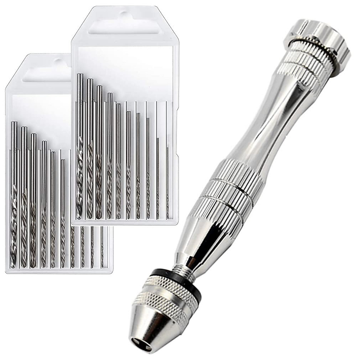 KINGFOREST Pin Vise Hand Drill for Resin Casting Molds, Steel Hand Drill with 20 PCS Drill Bits (0.8-3 mm), for Wood, Manual Work DIY, Jewelry, Assembling, Model Making（Silver）