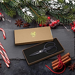 MITSUMOTO SAKARI Japanese Kitchen Scissors All Purpose, Black Titanium Plated Heavy Duty Kitchen Scissors, Multipurpose Cooking and Herb Scissors, Micro Serrated