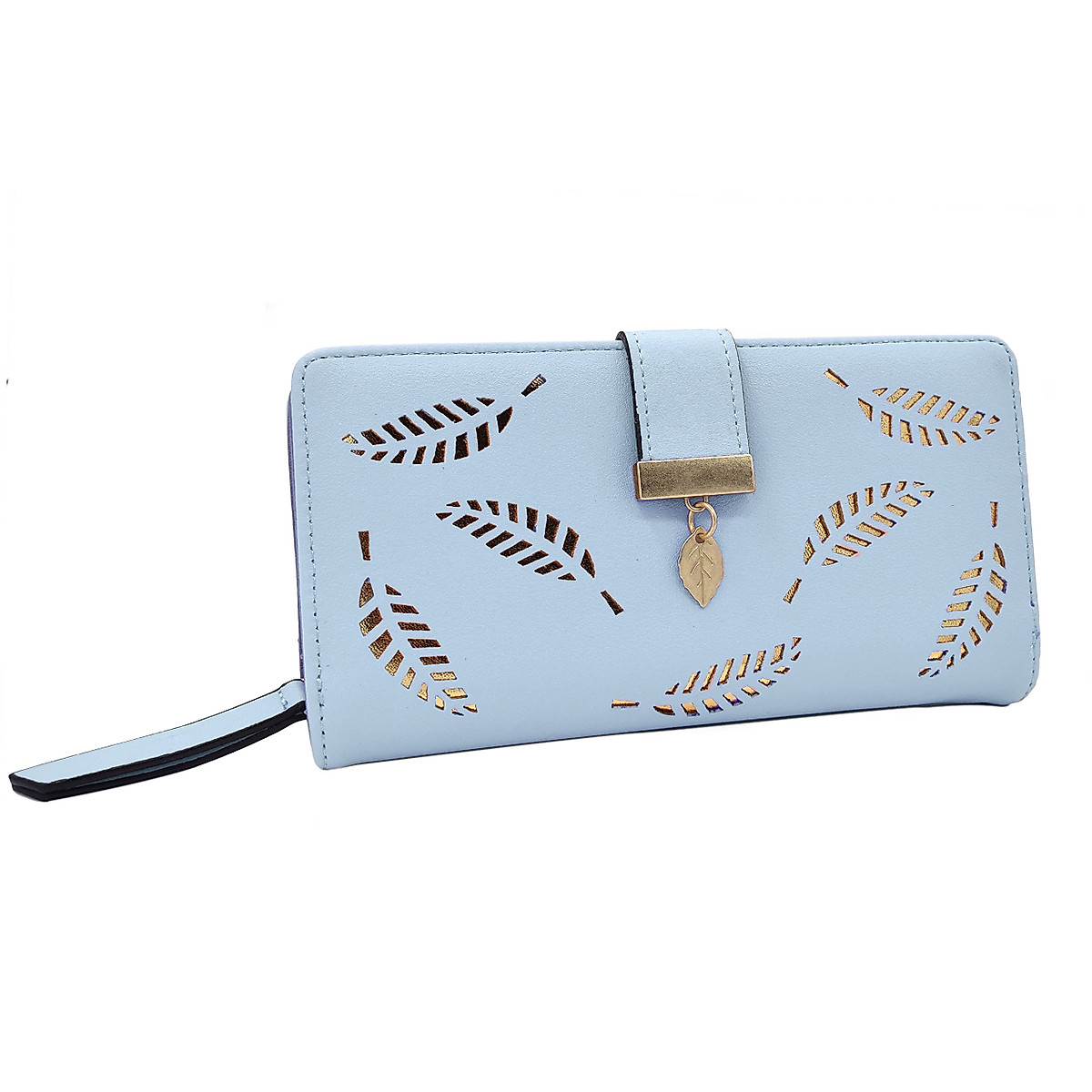 Women’s Long Zipper Fold Wallet with Leave Form Pendant Multifunctional Card Holder Clutch Purse with Snap Fastener(blue)