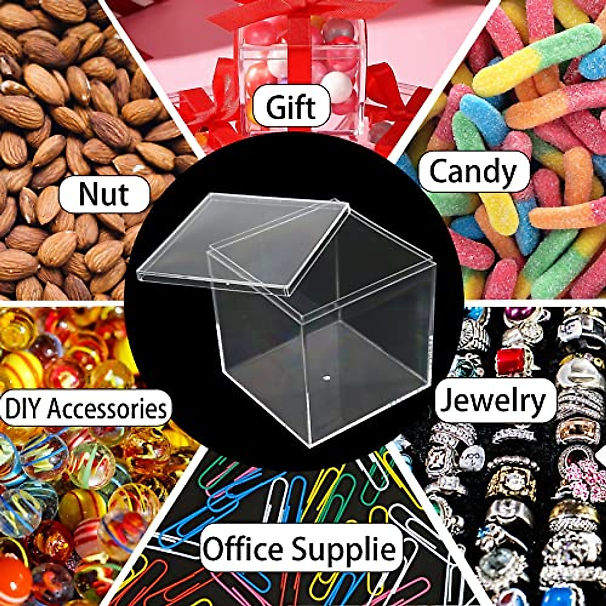 Tighall 4PCS Clear Acrylic Square Cube Organizer Plastic Boxes for Display Box with Lid for Sugar,Nut,Yogurt,Beads,Office Supply, Gift box, 2.9"/74mm