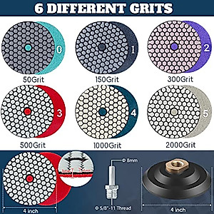 7 Packs Dry Diamond Polishing Pads 4 Inch with 5/8”-11 Rubber Backer Pad 6PCS Dry Polish Pad Kit 50-2000 Grit for Drill Grinder Polisher Granite Marble Concrete Stone Countertop Quartz Polishing