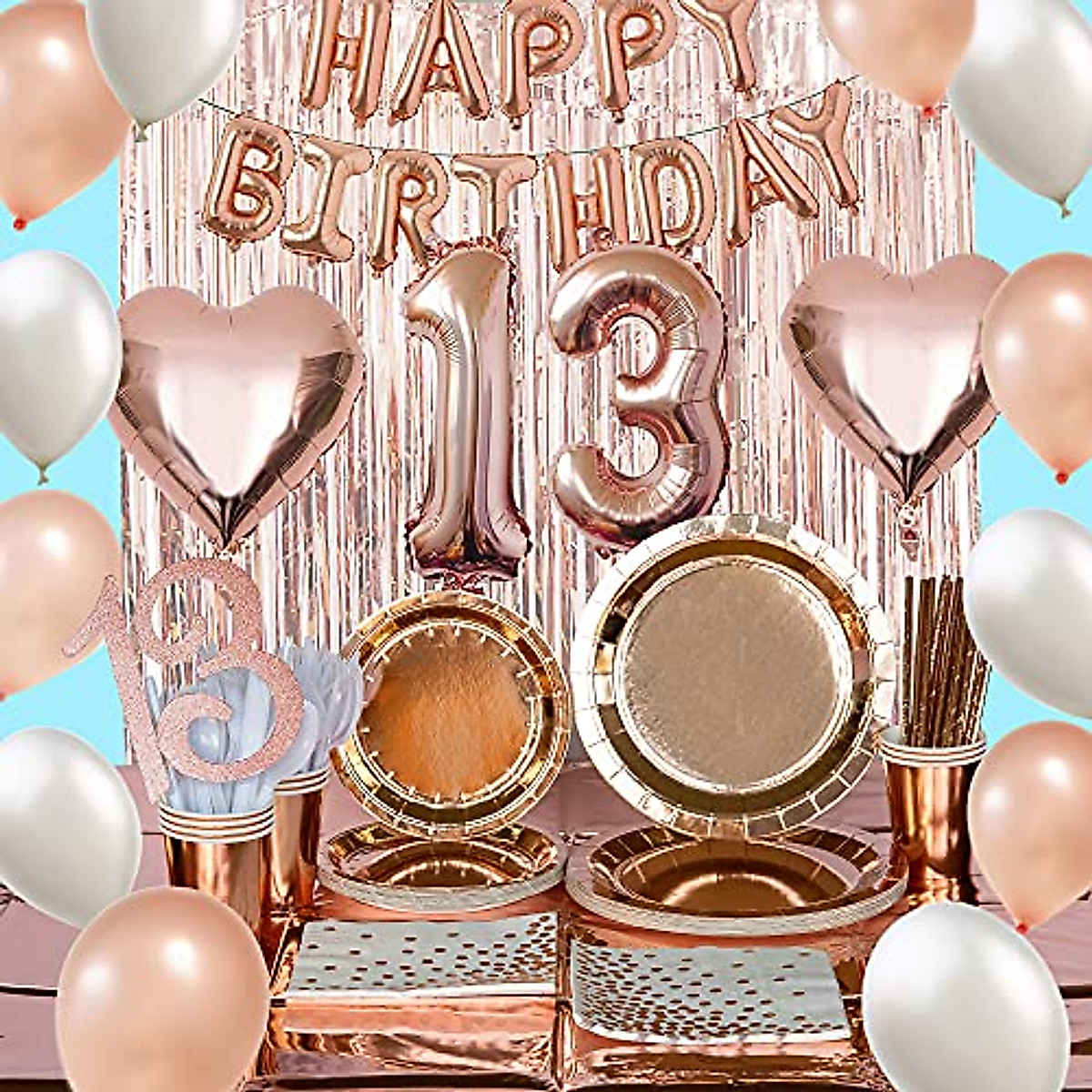 13th Birthday Decorations for Girls, 160 Pc. Party Set Serves 16 Guests, Rose Gold Banner, Latex and Foil Balloons, Paper Plates, Cups, and Napkins, Tablecloth and Curtain, and More