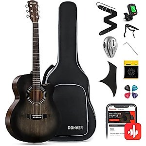 Donner Acoustic Guitar for Beginner Adult 40 Inch Cutaway Acustica Guitarra Bundle Kit with Pickup Online Lesson Bag Tuner Capo Strap Mini Jumbo Travel Teen Right Hand Black Brown DAJ-110CD