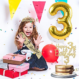 3rd Birthday Decorations for Girls, Including 3rd Birthday Sash and Tiara, Cake Topper and Candle 3, Number 3 Balloon Gold, 3 Birthday Gifts for Girls, 3 Birthday Party Decorations (Gold)