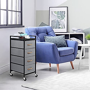Drawer Dresser for Bedroom Fabric Storage Dresser with 4 Drawers Tower Tall Nightstand Chest of Drawers with Wood Top and Steel Frame Organizer Unit for Closet Living Room Hallway Entryway (Grey)