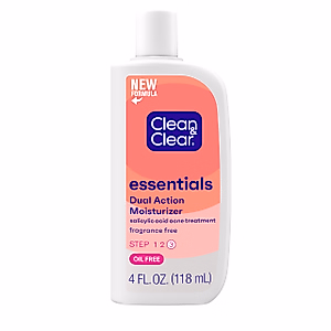 Clean & Clear Essentials Dual Action Oil-Free Facial Moisturizer, Salicylic Acid Acne Treatment with Pro-Vitamin B5 Moisturizes While Treating Acne & Helping to Prevent Pimples, 4 fl. Oz (Pack of 3)