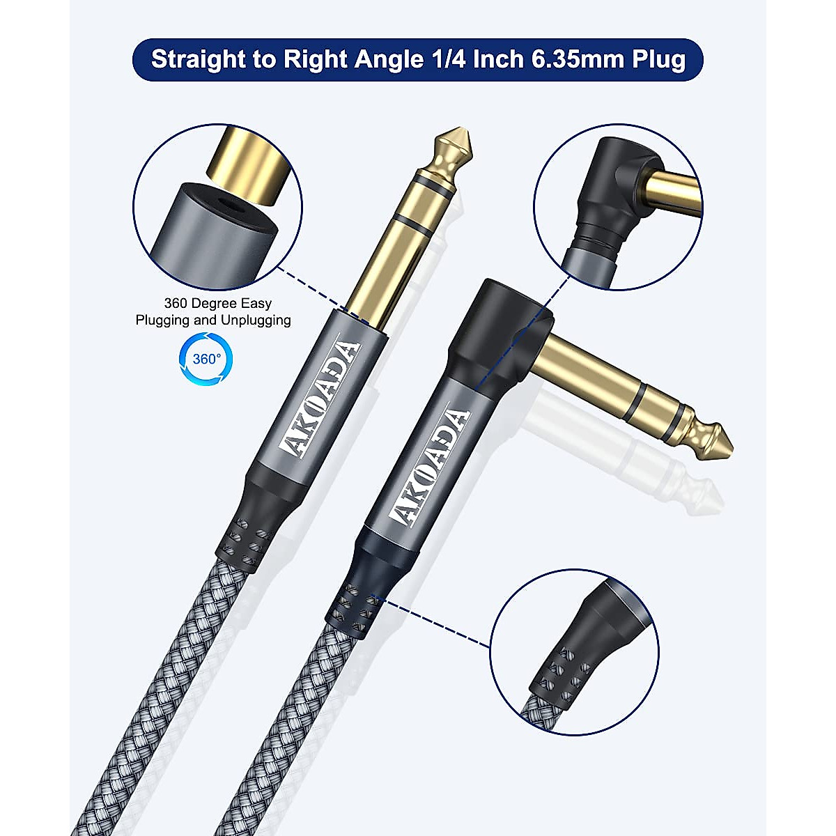 AkoaDa 1/4 Inch TRS Instrument Cable (10ft 2Pack), Right Angle 6.35mm Male Jack Stereo Audio Interconnect Cord,Compatible for Bass,Keyboard,Mixer,Amplifier,Amp,Electric Guitar,Speaker