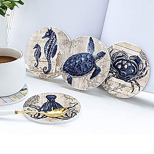 Absorbent Coasters Natural Ceramic Thirsty Stone Navy Blue Octopus Seahorse Crab Turtle Ocean Theme Coaster Set for Drinks Cork Backing (sea Animals)…