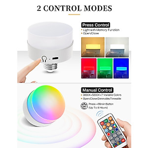 Rechargeable Battery Operated Light Bulb [2 Pack], Bright Rechargeable Light Bulbs, 3600mAh, 110lm, E26 Socket, Multiple Colors, Remote Control Puck Emergency Lamp,Timer,Dimmer,for Non-Hardwired