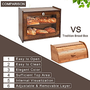 Worthyeah Bamboo Bread Box for Kitchen Countertop, Wooden Bread Storage Box with Transparent Window, 2-Layer Large Capacity Bread Storage, Kitchen Bread Holder, Self Assembly