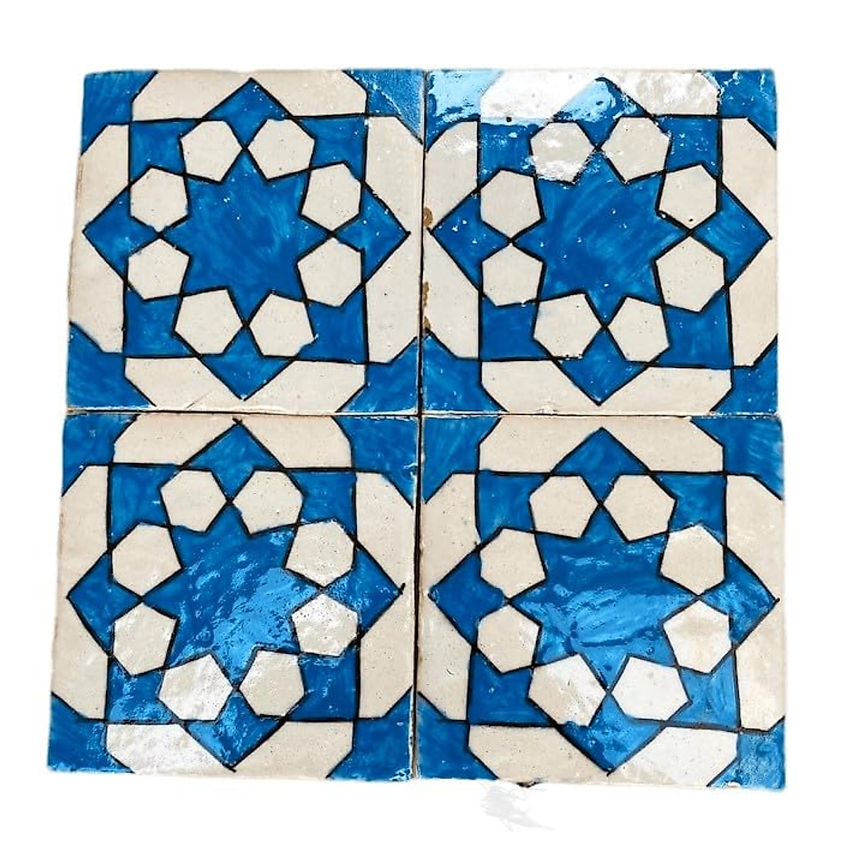 Spanish Blue Ceramic Tile Painted 4x4 - Moroccan Hand Painted Tile Zellige for Kitchen Backsplash, Outdoor/Indoor Tiles Bathroom or Shower Tile, Handmade Ceramic Tile Simple (4 Tiles)