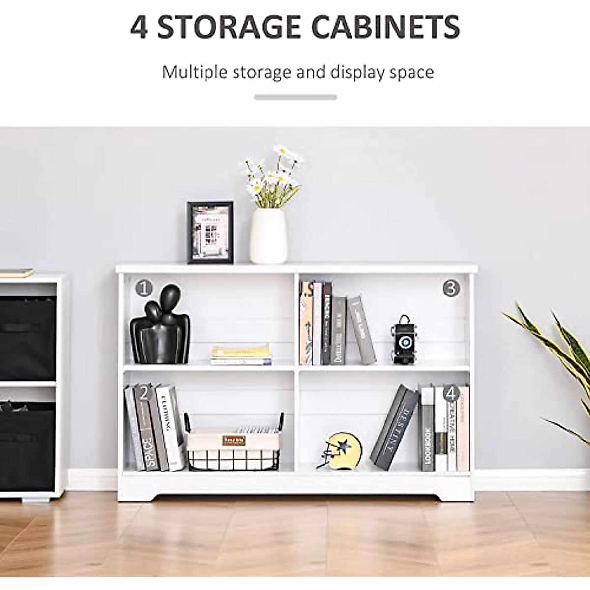 Royal Woods Industrial Storage Cube Wood Bookcase, 2 Tier 4 Cube Open Shelf Storage Cabinet, Multipurpose Bookshelf, Display Shelf for Office, Living Room, Bedroom, Reading Room, White