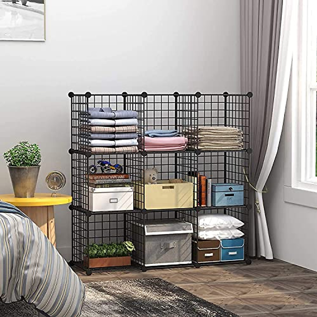 C&AHOME Wire Cube Storage, 9-Cube Organizer Metal, Wire C Grids Storage, Storage Bins Shelf, Modular Bookshelf, Closet Cabinet Ideal for Home, Living Room, Office 36.6”L x 12.4”W x 48.4”H Black