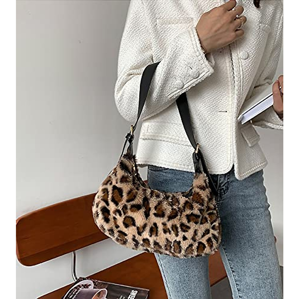 RARITYUS Women Plush Leopard Cow Print Underarm Bag Fashion Faux Fur Tote Bag Clutch Handbag with PU Strap