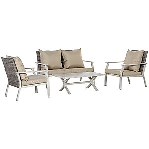 Outsunny 4 Pieces Patio Furniture Set with Cushions, Outdoor Wicker Conversation Sofa Sets, Aluminum Frame Sofa Sets for Backyard, Poolside, Garden, Beige