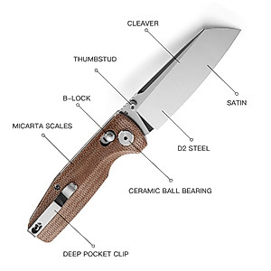 BESTECH KNIVES Pocket Folder Folding Knife: 3.07" D2 Steel Cleaver Stonewashed Blade, Micarta Scales, Thumbstud, B-Lock, EDC Steel Clip, BG43D (Natural)