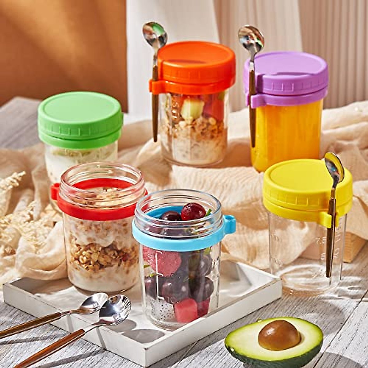 Sumind 6 Pack Overnight Oats Containers with Lids and Spoons 10 oz Large Capacity Airtight Oatmeal Container Glass Mason Overnight Oats Jars Reusable Container for Cereal Yogurt and Parfait