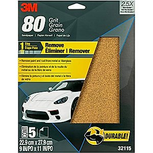 3M Sandpaper, 80 Grit, 5 Sheets, 9 in x 11 in, Longer Lasting Super Strong Abrasive, Great For Smoothing Body Filler, Shaping Glaze & Spot Putty, For Hand Or Machine Sanding (32115)