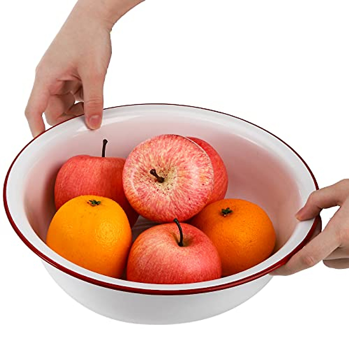 Elsjoy Set of 2 Enamel Bowl, 3 Quart Large Enamel Mixing Bowl White Enamelware with Red Rim, 11 Inch Vintage Enamel Soup Basin for Fruit, Salad, Pasta, Dinner