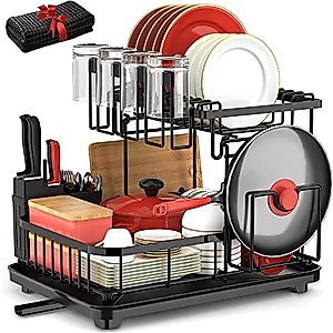 Cibert Dish Drying Rack with Drainboard, 2 Tier Dish Racks for Kitchen Counter, Black Dish Drainer Set, Kitchen Dish Dryer Rack with Dish Drying Mat, Large Dishes Rack, Dish Strainers for Kitchen Sink