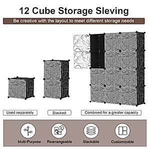 Anenz Cube Storage Organizer,12-Cube Closet Organizer with Doors Plastic Shelving Modular Cubby Shelves Shelf,14 ”x14 Black Storage Cubes Bookshelf