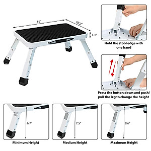Ollieroo Height-Adjustable Folding Step Stool, Metal One Step Stool with Non-Slip Platform, 3 Levels RV Step Ladder for Kids and Adults, Portable Foot Stool Max Load 330 lbs(White)