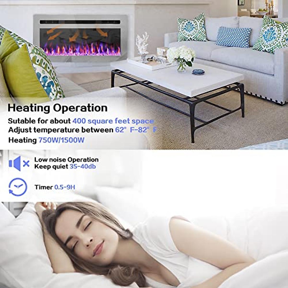 TUAN 31 Inch Electric Fireplace, Recessed and Wall Mounted Fireplace, Fireplace Heater and Linear Fireplace with Timer, Touch Panel and Remote Control, Adjustable 12 Flame Color, 750/1500W