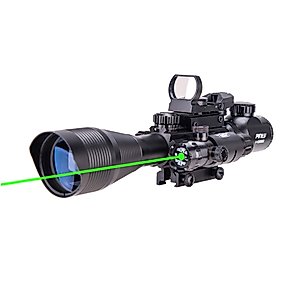 Pinty Rifle Scope 4-12x50 Rangefinder Illuminated Optics with 4 Reticle Red Green Reflex Sight, Green Dot Laser Sight, Black