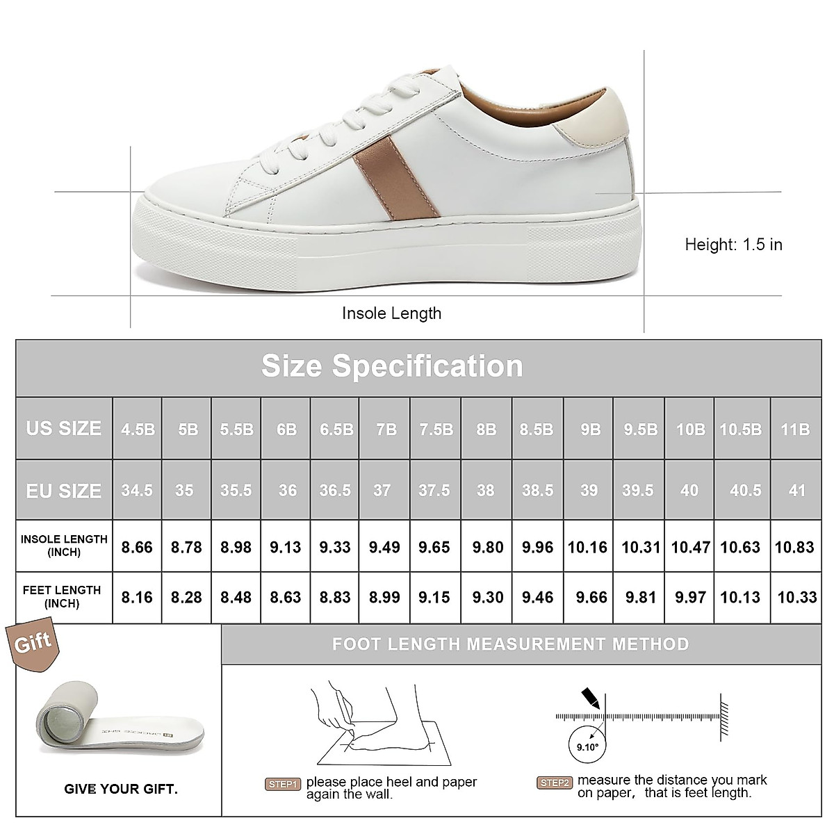 AiciBerllucci Women's Casual Sneakers,Leather Platform Sneakers for Women Fashion,Lace Up Walking Sneakers Comfortable,Street Platform Sneakers Low Top Authentic Shoes White 99AP48-WhiteBrown-7.5