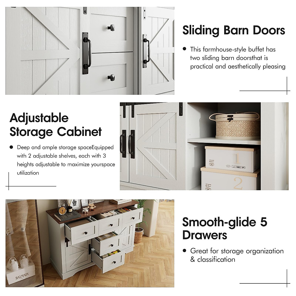 Vabches Farmhouse Sideboard Buffet Cabinet with Storage, Large Kitchen Sideboard Cabinet, Sliding Barn Doors and 5 Drawers, Adjustable Storage Shelves, Coffee Bar Table for Dining Room, White