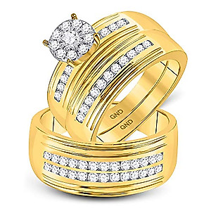 Solid 10k Yellow Gold His and Hers Round Diamond Solitaire Matching Couple Three Rings Bridal Engagement Ring Wedding Bands Set 1.00 Ct. - (L = 8.5, M = 11)