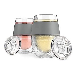 Host Cooling Wine Freeze Cup with Lid, Set of 2 Plastic Double Wall Insulated Wine Tumbler Freezable Drink Vacuum Cup with Freezing Gel, Wine Glasses for Red and White Wine, Gift Essentials, Gray