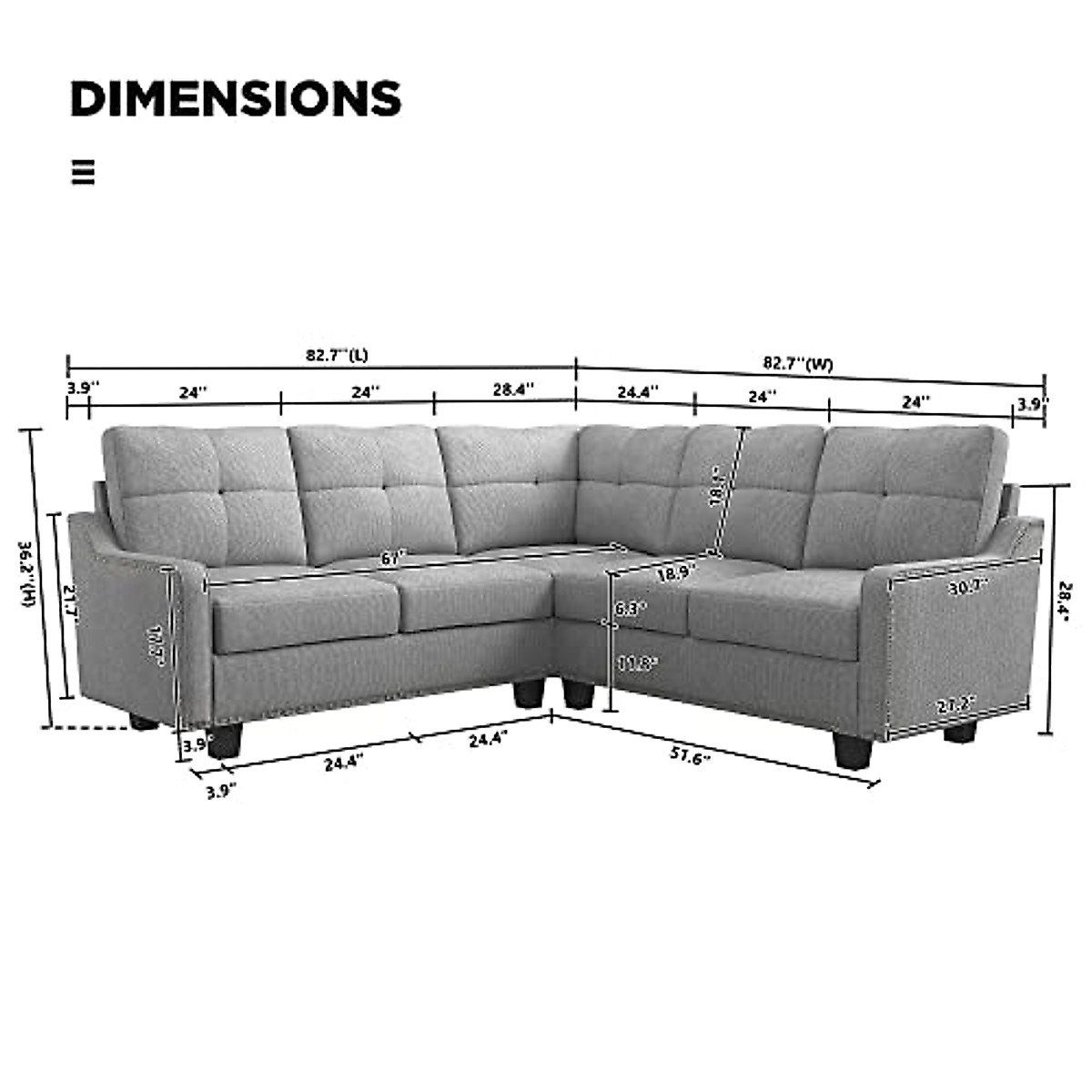 HONBAY Convertible Sectional Sofa, L Shaped Couch, Reversible 4 Seat Corner Sofa for Small Apartment,Light Grey, 82.7/''D x 82.7/''W x 36.2/''H