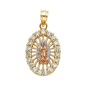 14k Yellow White Rose Gold CZ Religious Guadalupe Pendant - Height 17 MM Width 13 MM