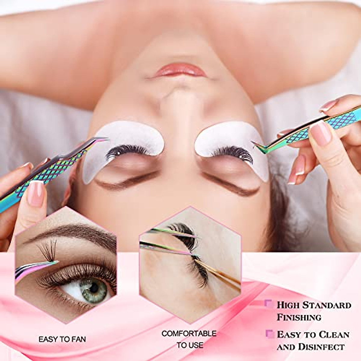 7 Pcs Eyelash Extension Tweezers Set Diamond Grip Lash Tweezer for Eyelash Extensions Japanese Stainless Steel Straight and Curved Tip Precision Tweezers Kits for Profession and Beginner (Colorful)