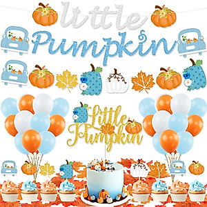Little Pumpkin Baby Shower Decorations Boy, Blue Little Pumpkin Banner Cake Topper Pumpkin Truck Maple Leaf Garland Balloons for Boy Fall Baby Shower Little Pumpkin First Birthday Party Decorations