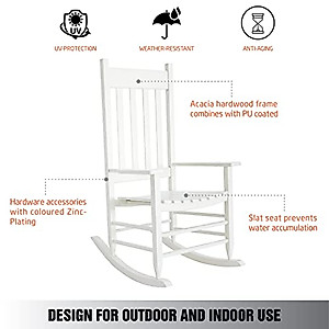 HOMESTEAD Wooden Rocking Chair Outdoor Furniture - Acacia Solid Wood White Rocking Chair Front Porch Furniture - FSC Certified Hardwood Indoor & Outdoor Adirondack Rocking Patio Rocker Porch Chairs